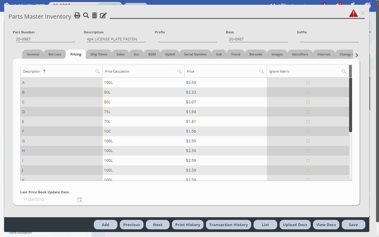 Master Inventory Part Profile – Motility Software Solutions